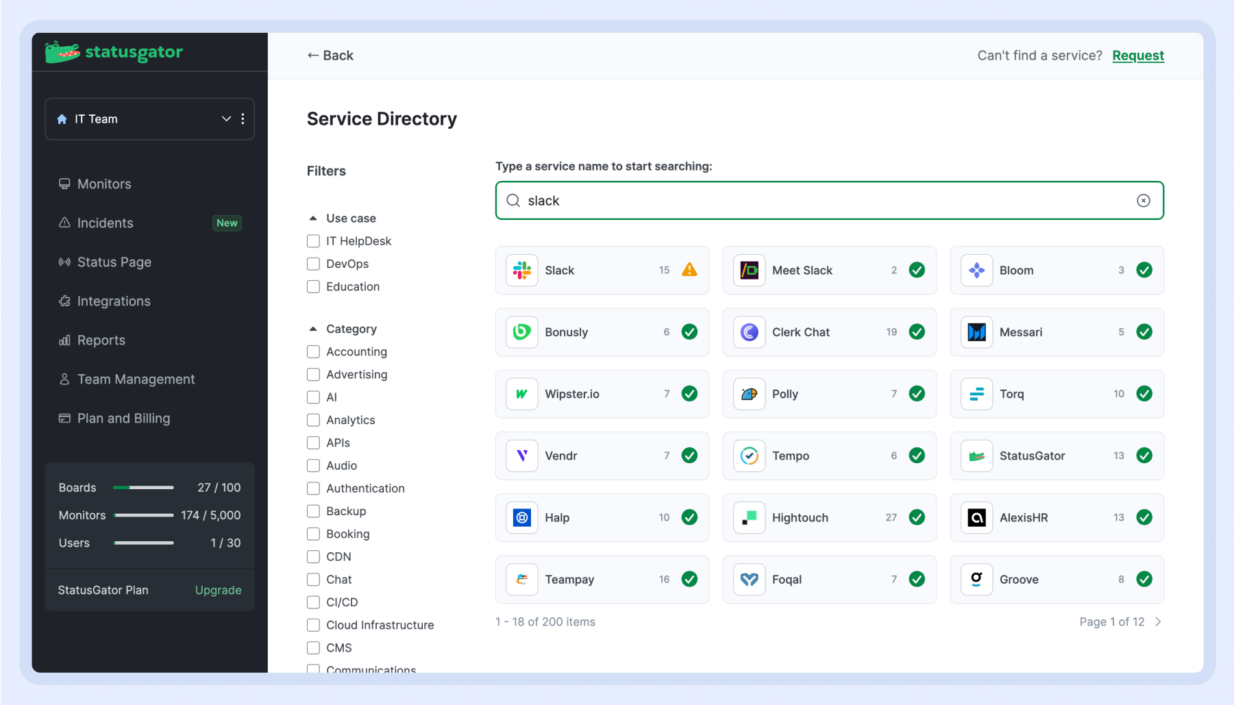 Service directory | StatusGator